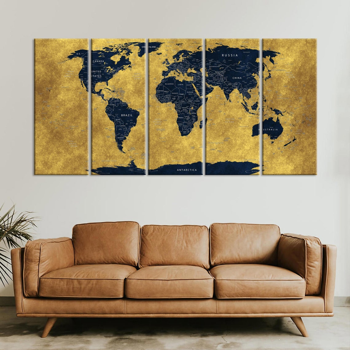 Large Canvas World Map in Yellow and Navy Blue Canvas Wall Art World ...