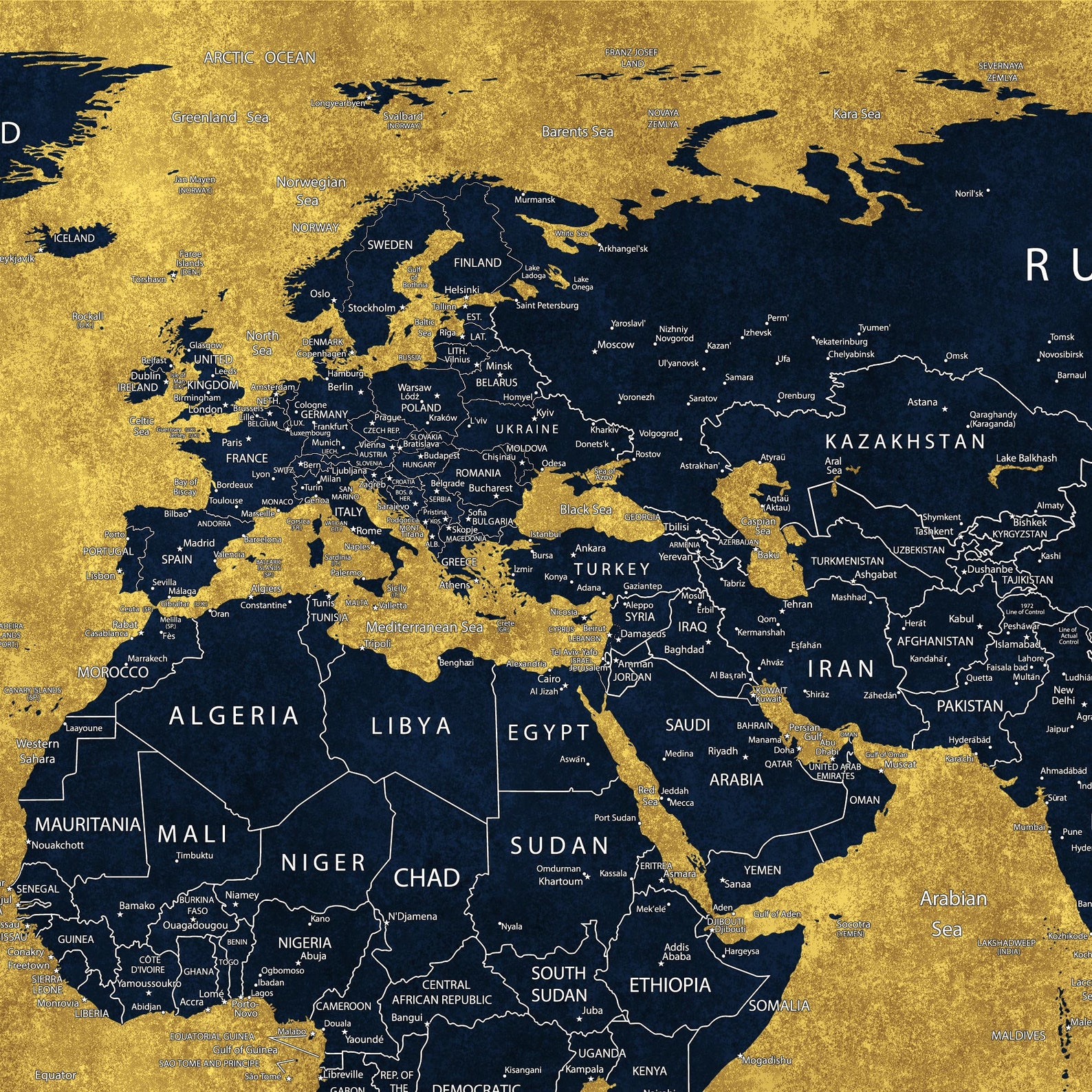 Large Canvas World Map in Yellow and Navy Blue Canvas Wall Art World ...
