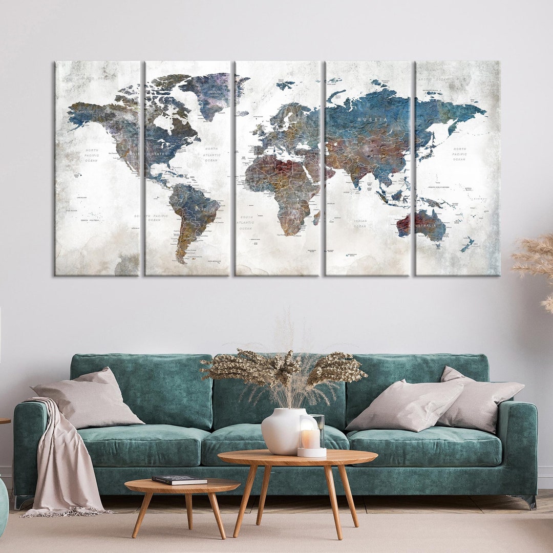 Large Colorful World Map on Canvas With Rock Texture - Etsy