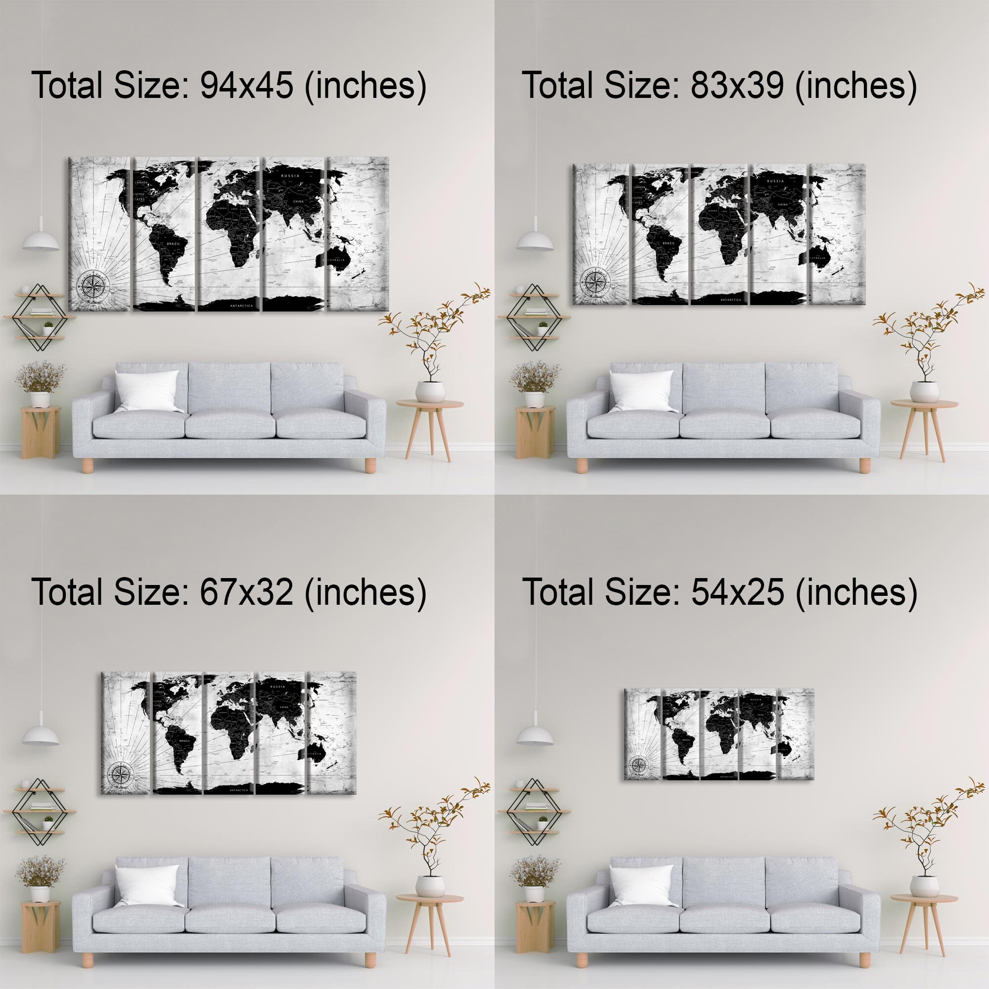 Black and White Large Canvas World Map Canvas Wall Art World Map Push ...