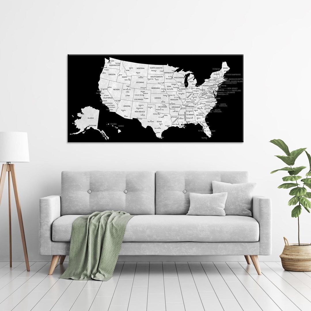 US Map Large Canvas Wall Art, Black and White Push Pin Travel Map, US ...