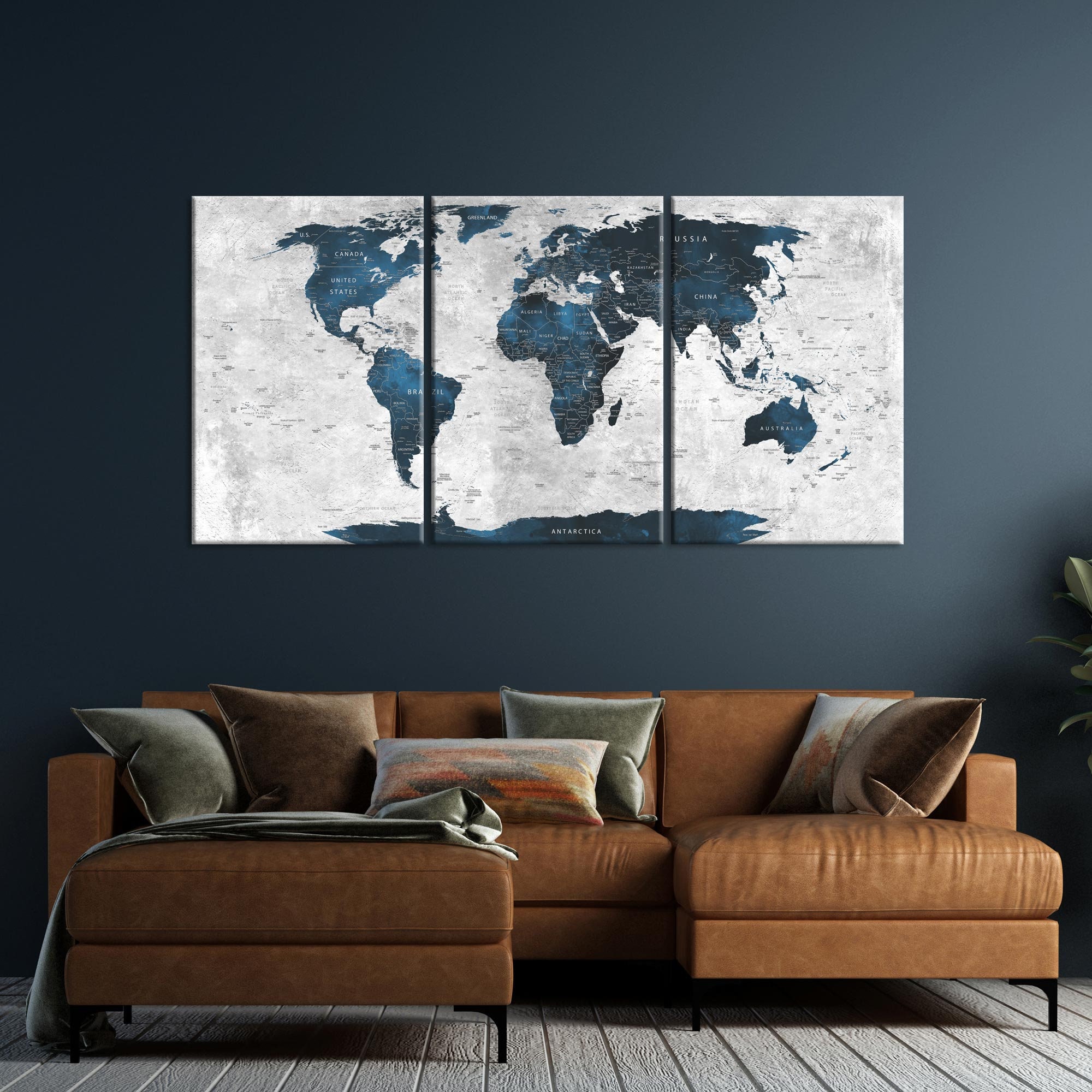 World Map Wall Art, Push Pin Travel Map, Canvas World Map in Blue Tones ...