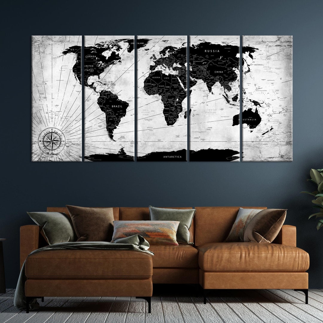 Black and White Large Canvas World Map Canvas Wall Art World Map Push ...