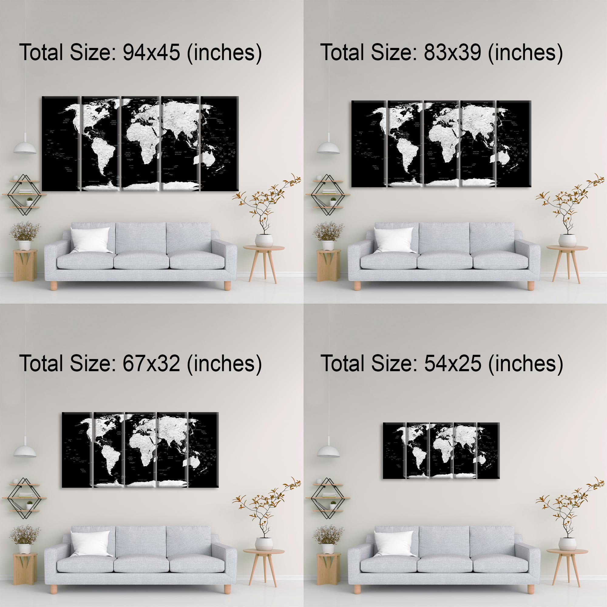 Large Black and White Canvas World Map Canvas Wall Art World Map Push ...