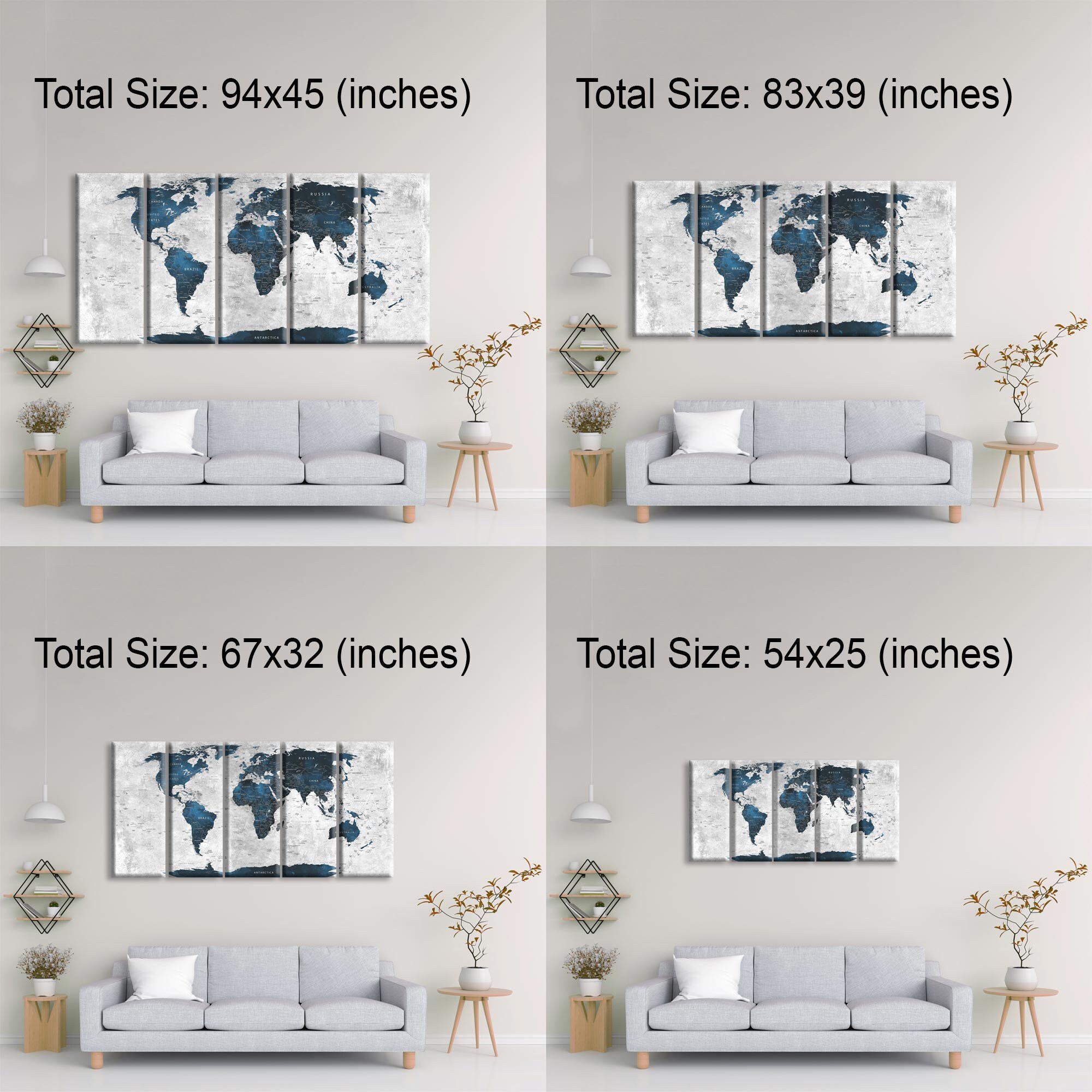 World Map Wall Art, Push Pin Travel Map, Canvas World Map in Blue Tones ...