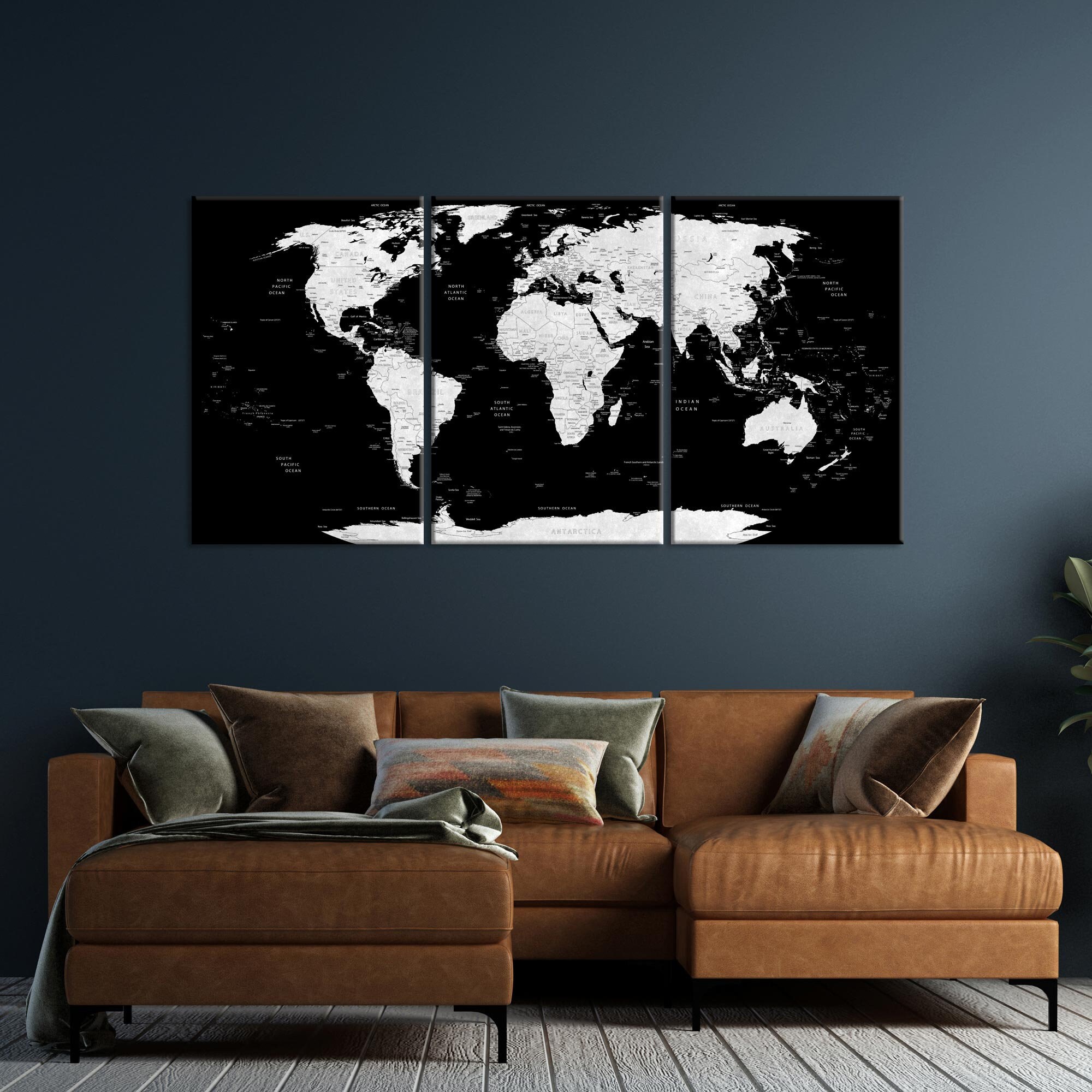 Large Black and White Canvas World Map Canvas Wall Art World Map Push ...