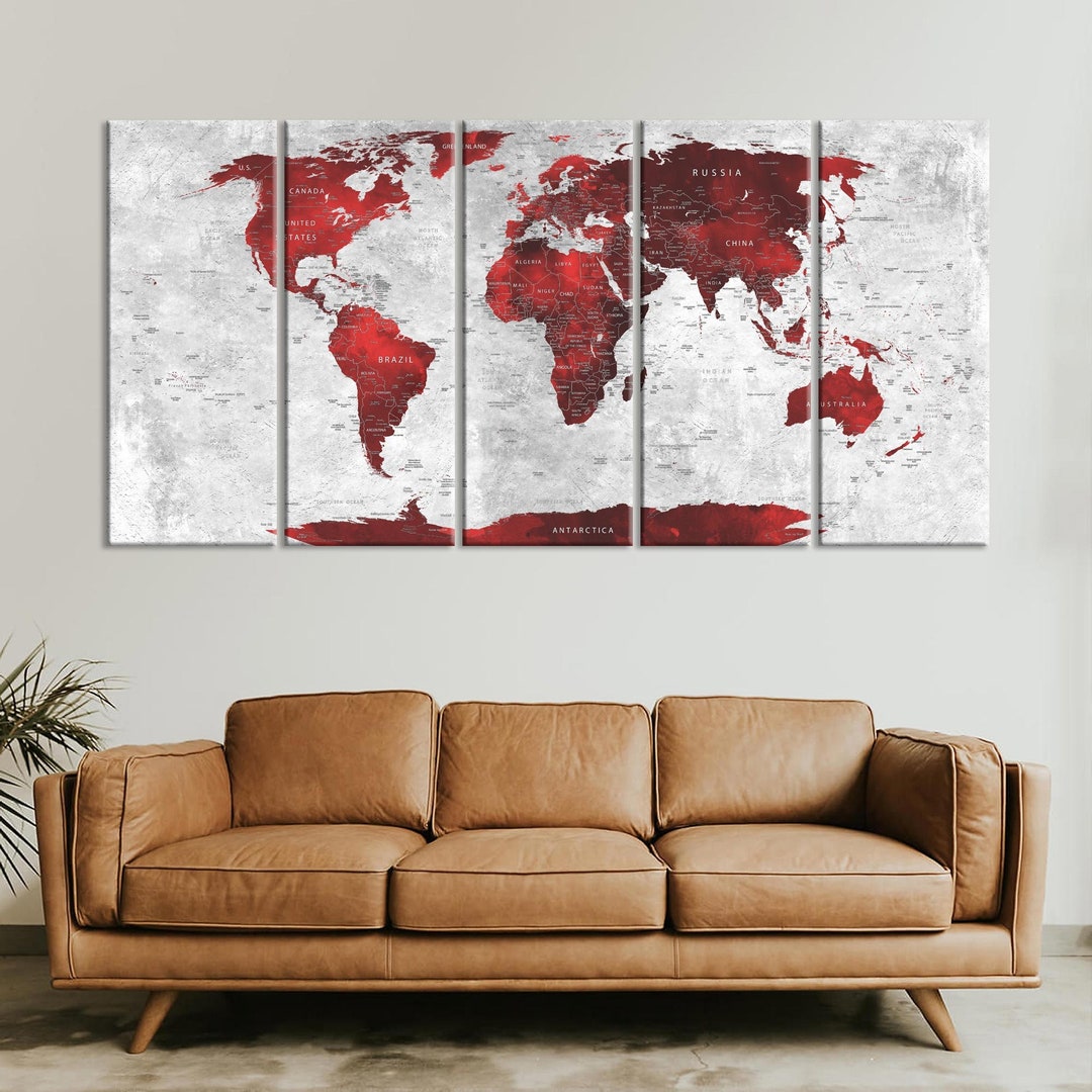 World Map Wall Art, Push Pin Travel Map, Canvas World Map in Red Tones ...