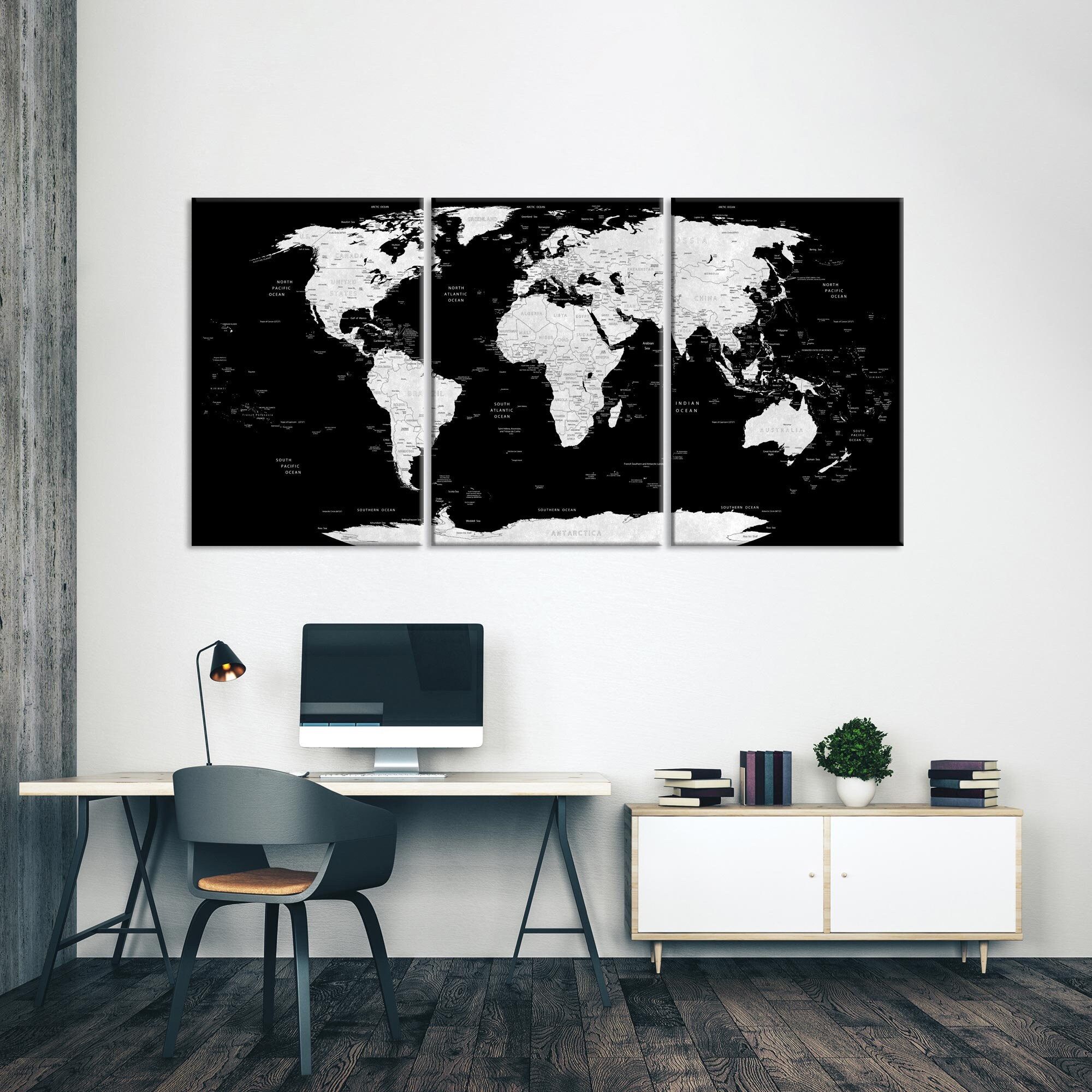 Large Black and White Canvas World Map Canvas Wall Art World Map Push ...