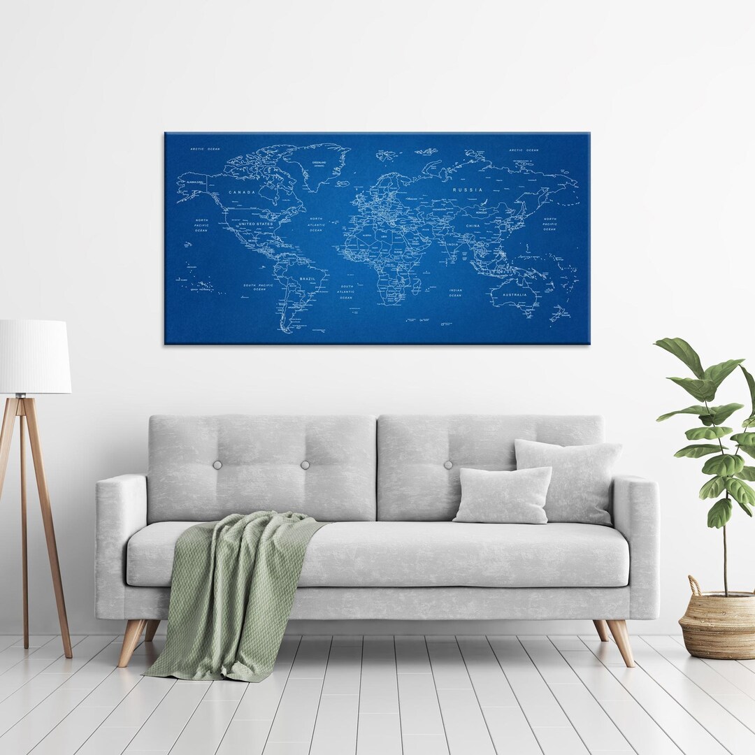 Large Canvas Map Push Pin Travel Map World Map Canvas Art World Map Wall Art Blueprint Style