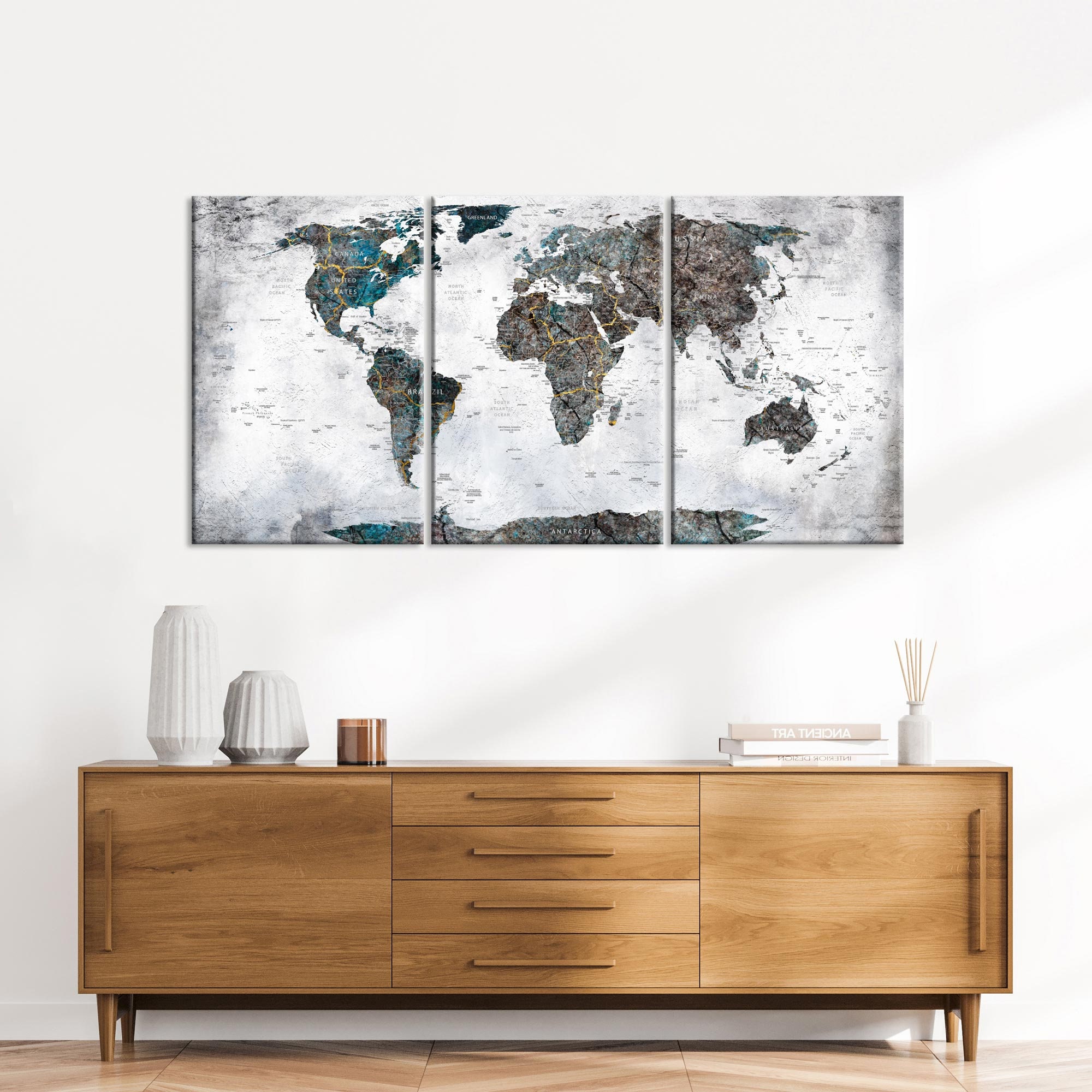 Large Multi-piece World Map With Rock Texture and Gold Detail on Canvas ...