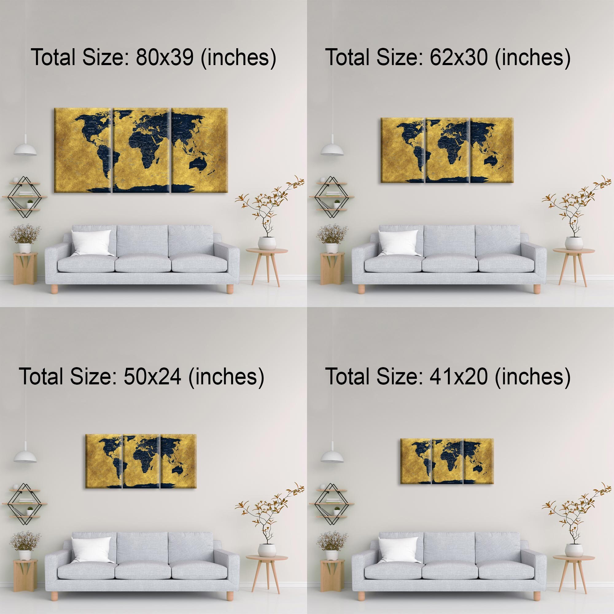 Large Canvas World Map in Yellow and Navy Blue Canvas Wall Art World ...