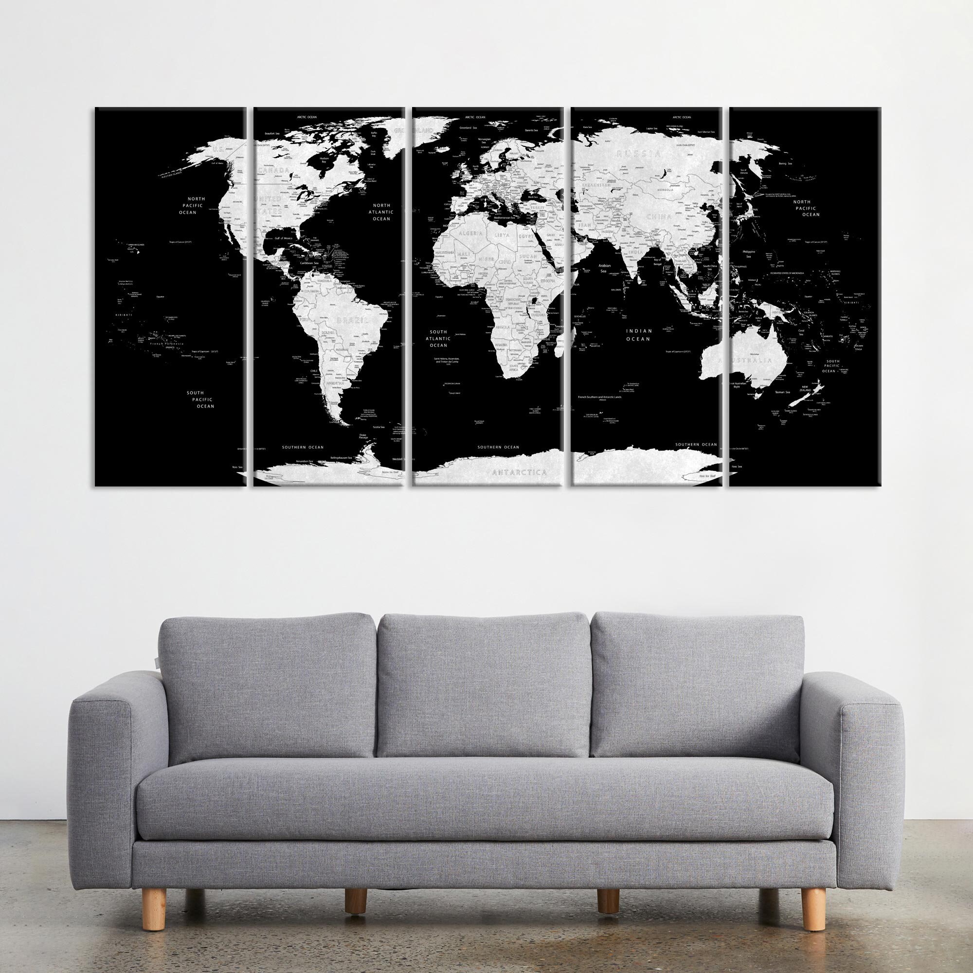 Large Black and White Canvas World Map Canvas Wall Art World Map Push ...