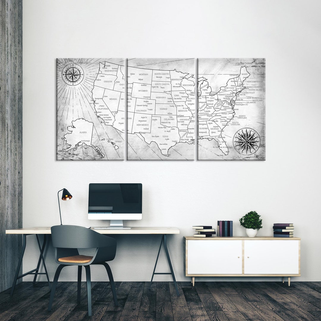 US Map Large Canvas Wall Art, Black and White Line Art Push Pin Travel ...