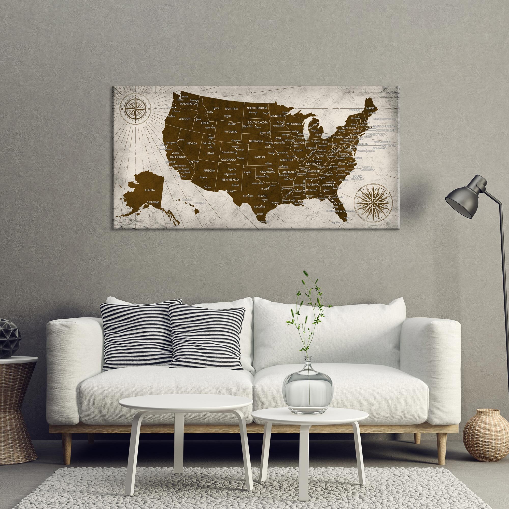 Large US Canvas Map, Push Pin Travel Map , Earth Color US Map With ...