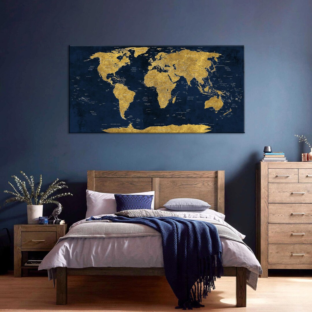 Large World Map Canvas Wall Art Navy Blue and Yellow World Map Push Pin ...