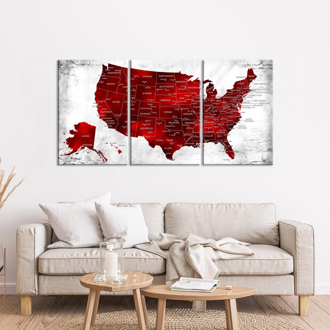 Large US Map on Canvas in Red US Map With Capitals and Big Cities ...