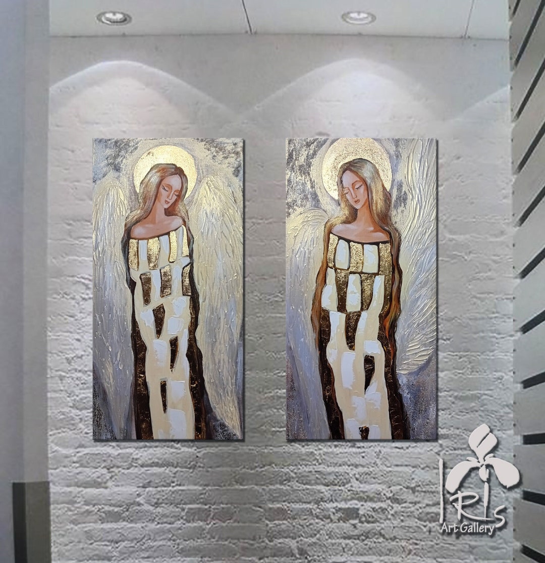Set of 2 Canvas Paintings Original Wall Art Angels Wall Art Modern ...