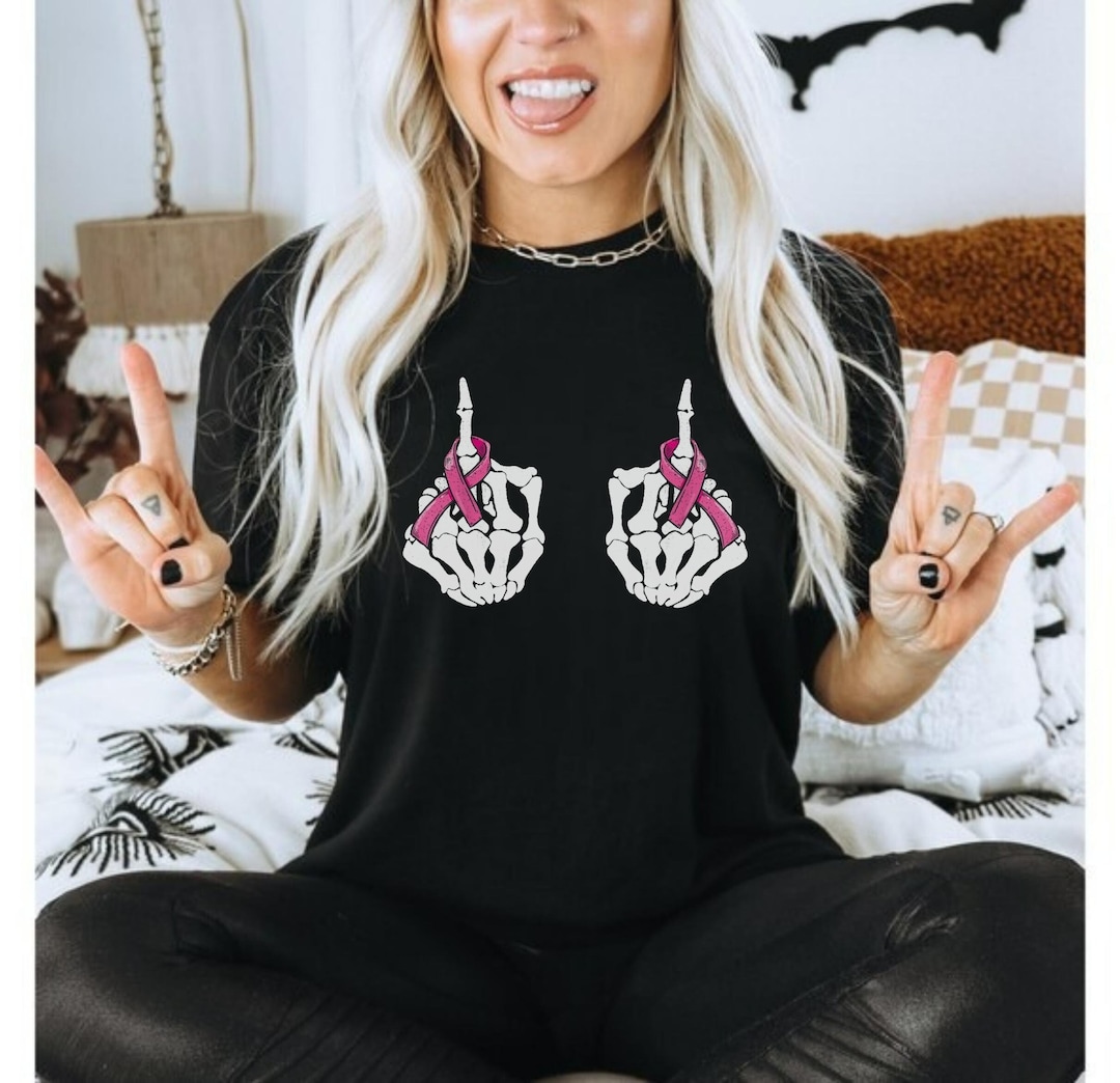 Skeleton Middle Finger Cancer Shirt Pink Ribbon Tshirt Breast Cancer ...