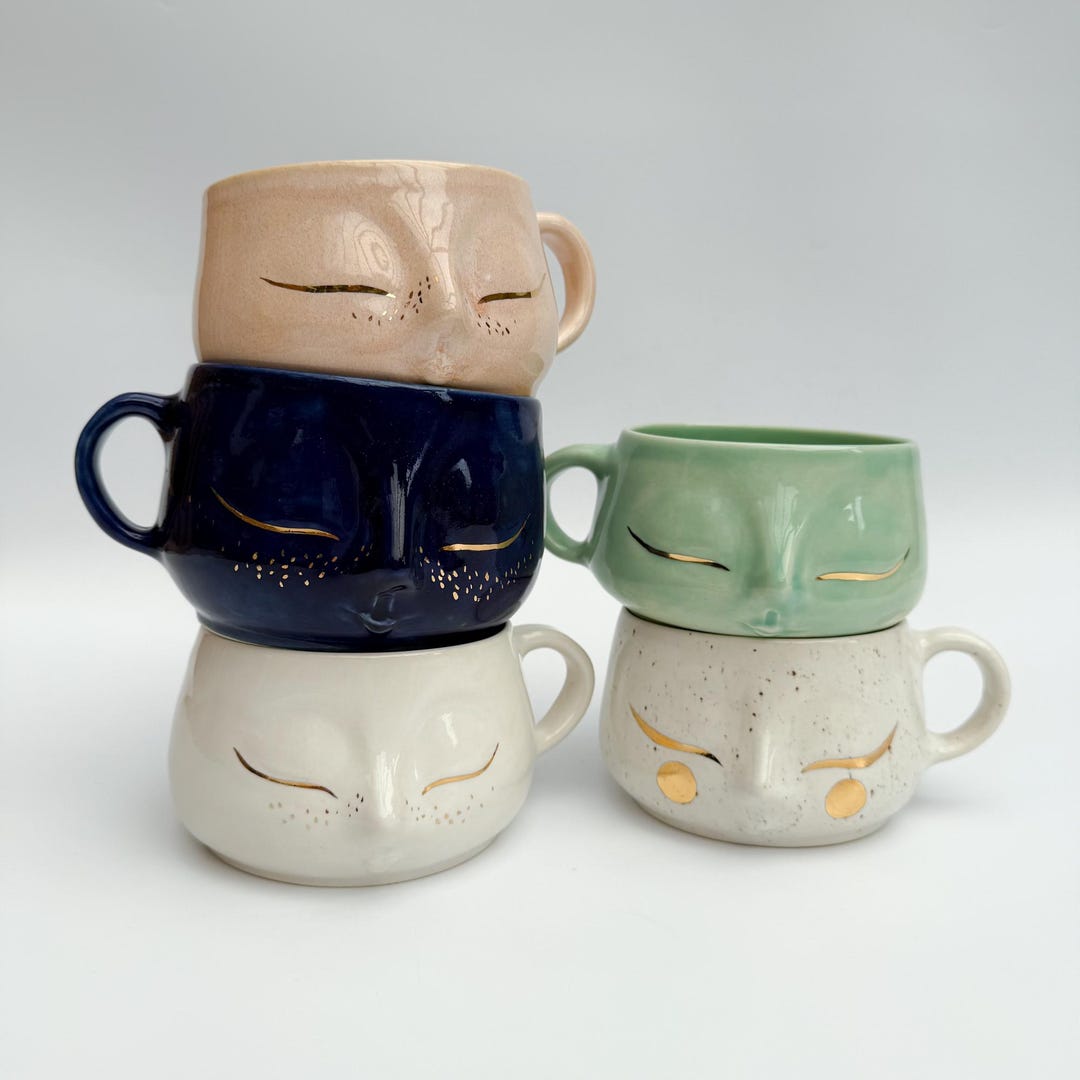 Handmade Ceramic Mug: Sleepy Face Design, 300ml - Etsy