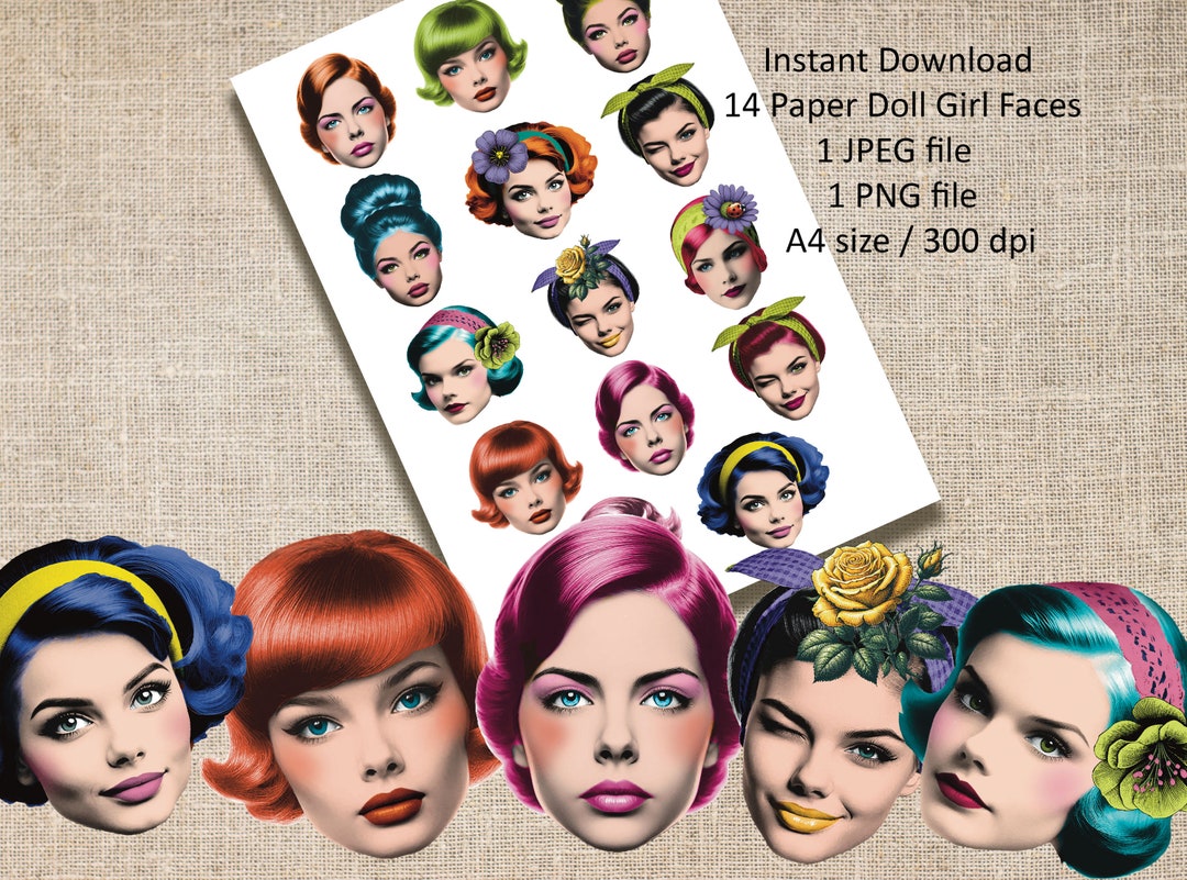 Digital Paper Doll Faces, Articulated Paper Doll Altered Art Collage ...