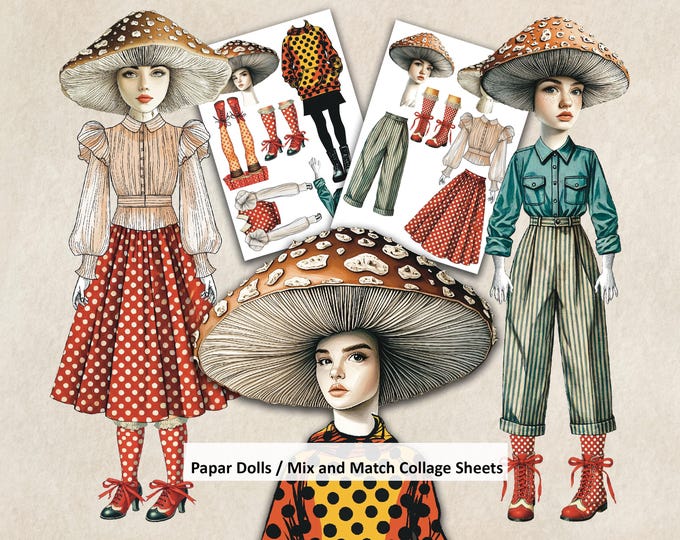 Mushroom Forest Paper Doll Collage Sheets Faces , Printable Articulated ...