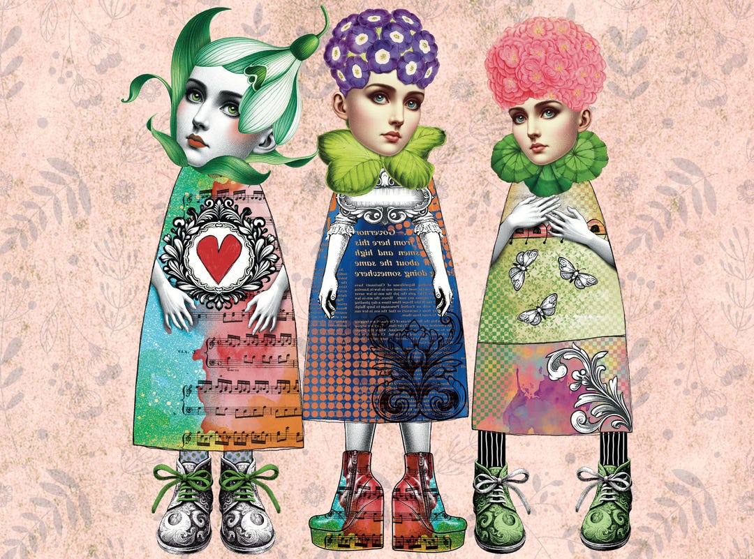 Flower Girls Whimsical Paper Doll Parts Mix and Match Collage Sheet ...