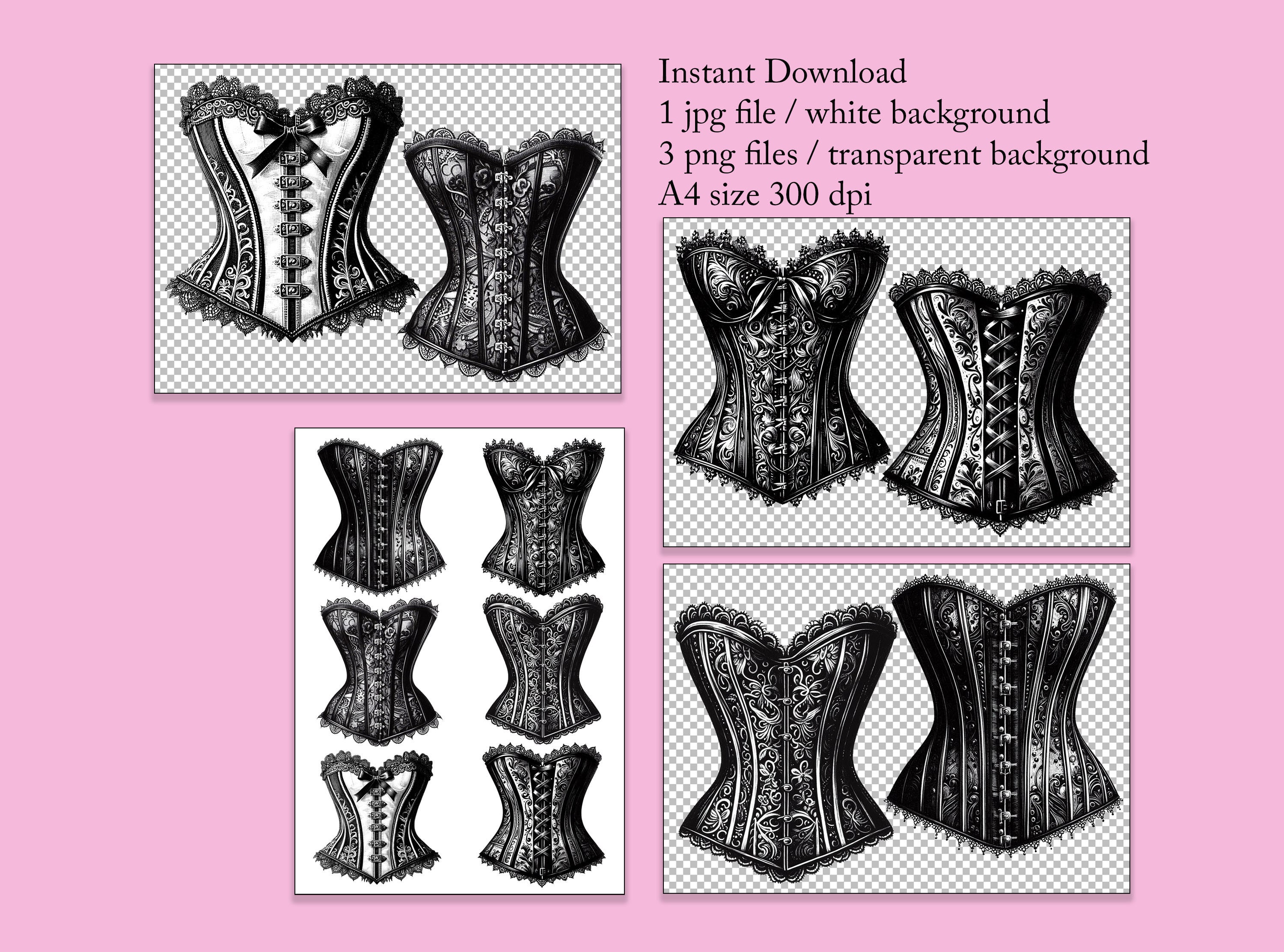 Gothic Corsets Clipart, Black and White PNG Illustration, Junk Journal ...