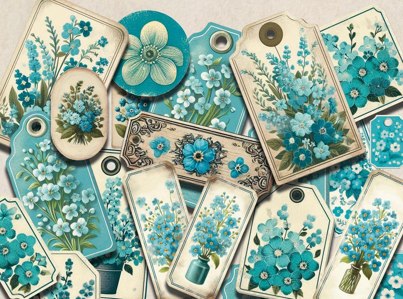 Forget Me Not Printable Labels Tags Tickets Junk Journal Vintage ...