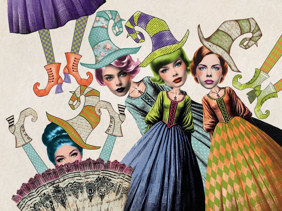 Quirky Witches Articulated PAPER DOLL, Altered Art Digital Collage ...