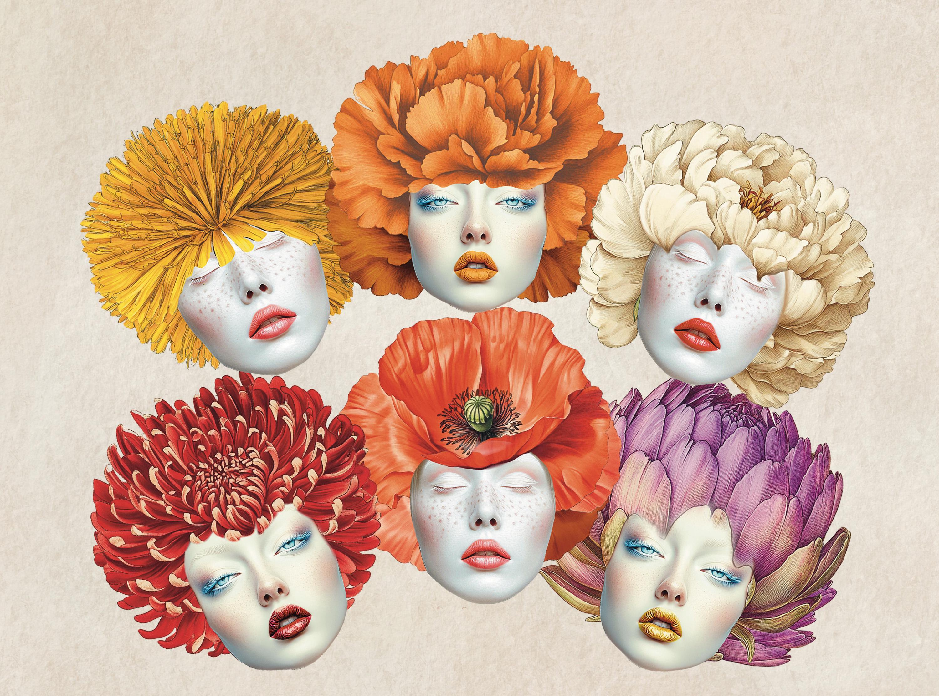 Flower Head Paper Doll Faces, Quirky Eccentric Faces Altered Art ...