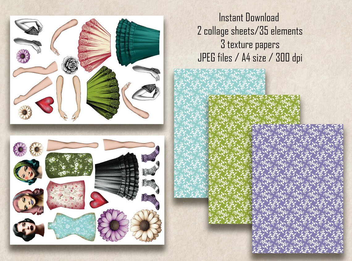 Articulated PAPER DOLL, Altered Art Digital Collage Sheet, Junk Journal ...