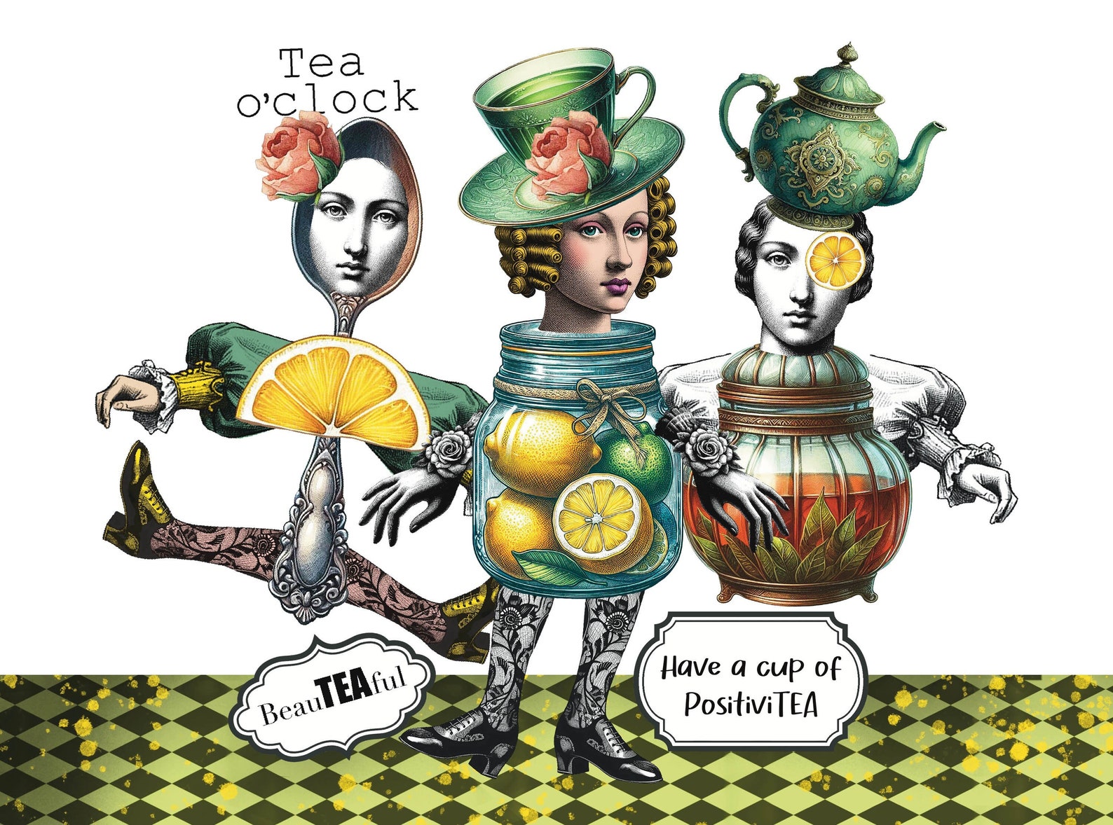 Tea Time Whimsical Paper Doll Collage Sheet, Articulated Paper Doll ...