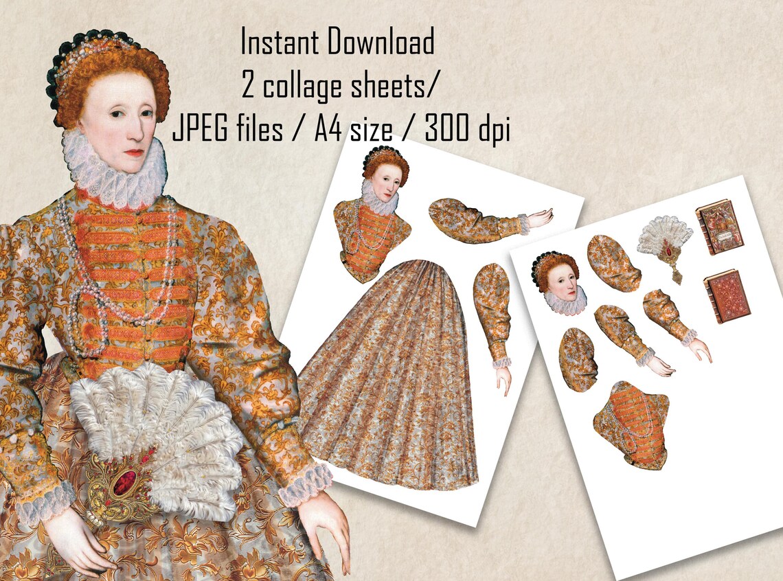 Queen ELIZABETH I Artiqulated Paper Doll Collage Sheet Henry VIII Tudor ...