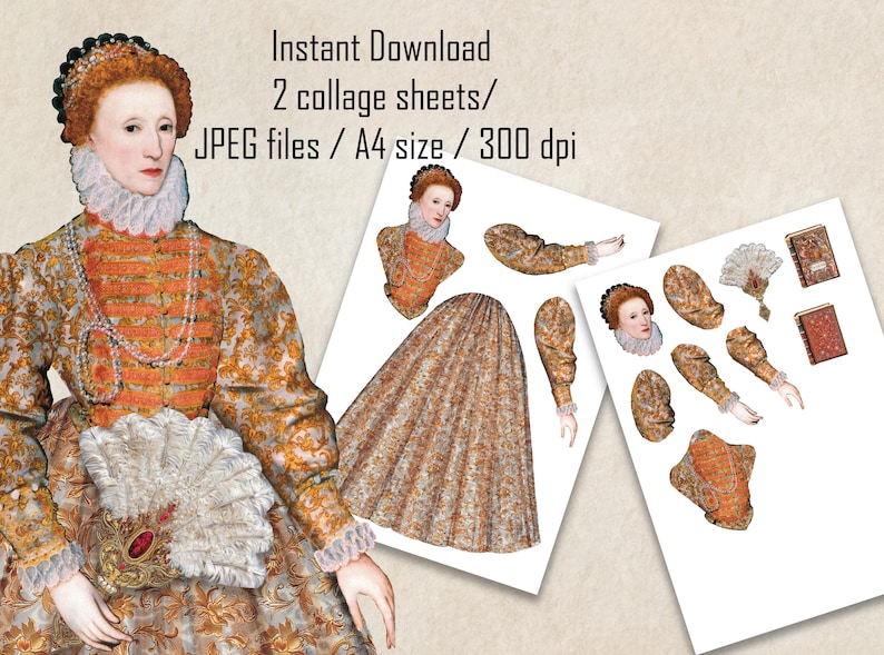 Queen ELIZABETH I Artiqulated Paper Doll Collage Sheet Henry VIII Tudor ...