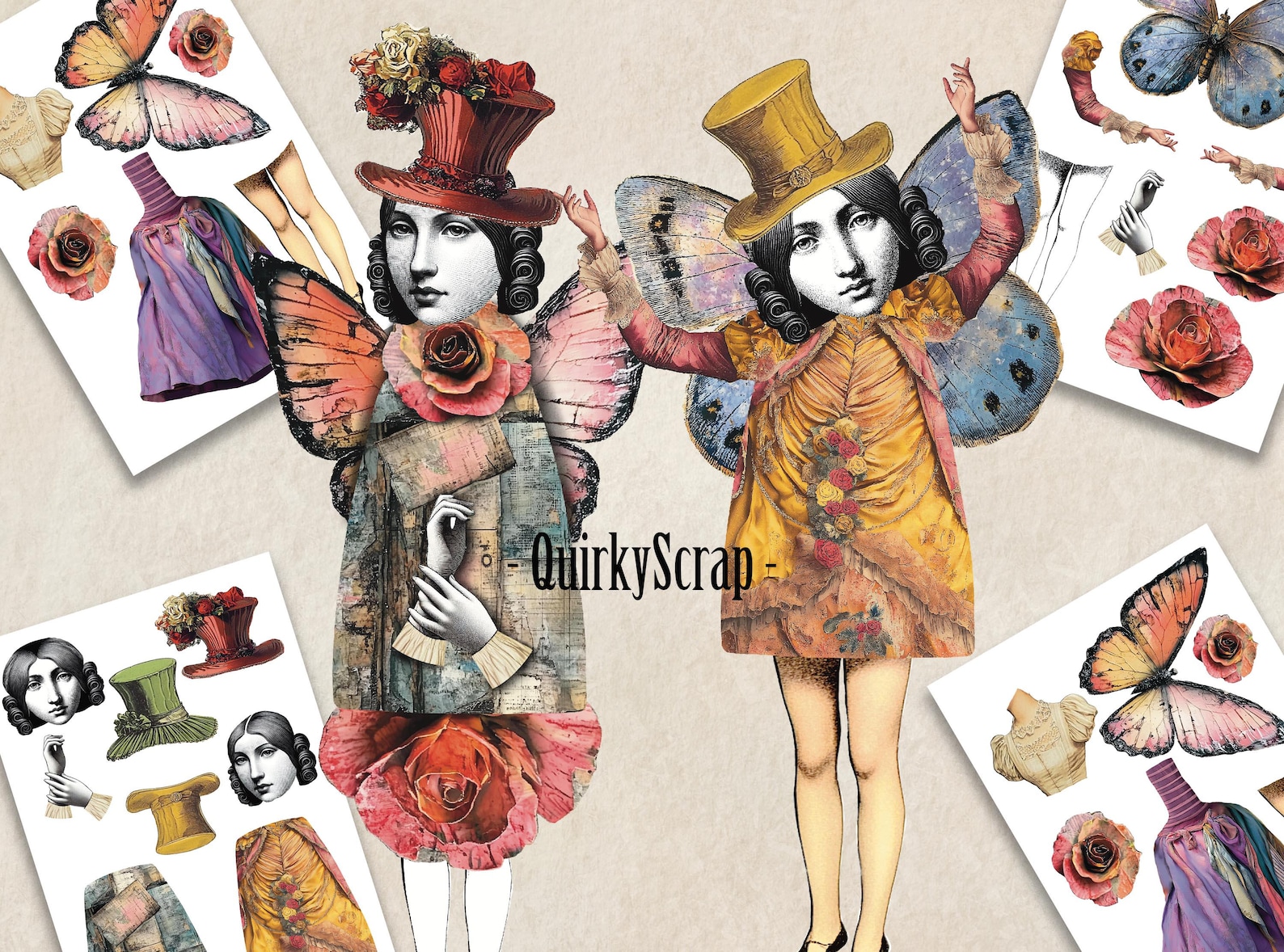 WHIMSICAL BUTTERFLY Paper Doll Collage Sheet, Articulated Paper Doll ...