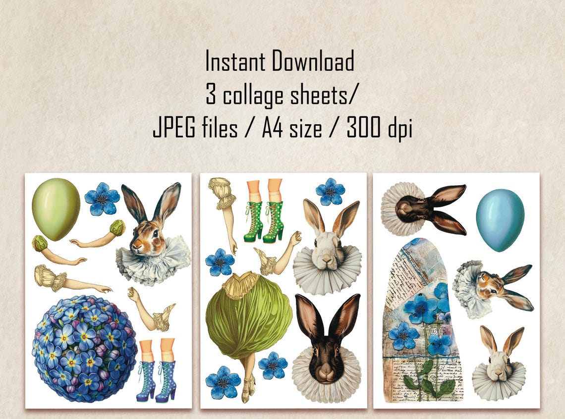 Easter Rabbit Paper Dolls Collage Sheets, Whimsical Bunny Articulated ...