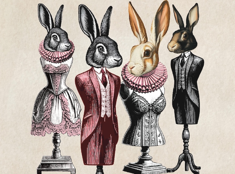 Quirky Rabbits Vintage Printable Collage Sheets, Dress Form Bunny ...