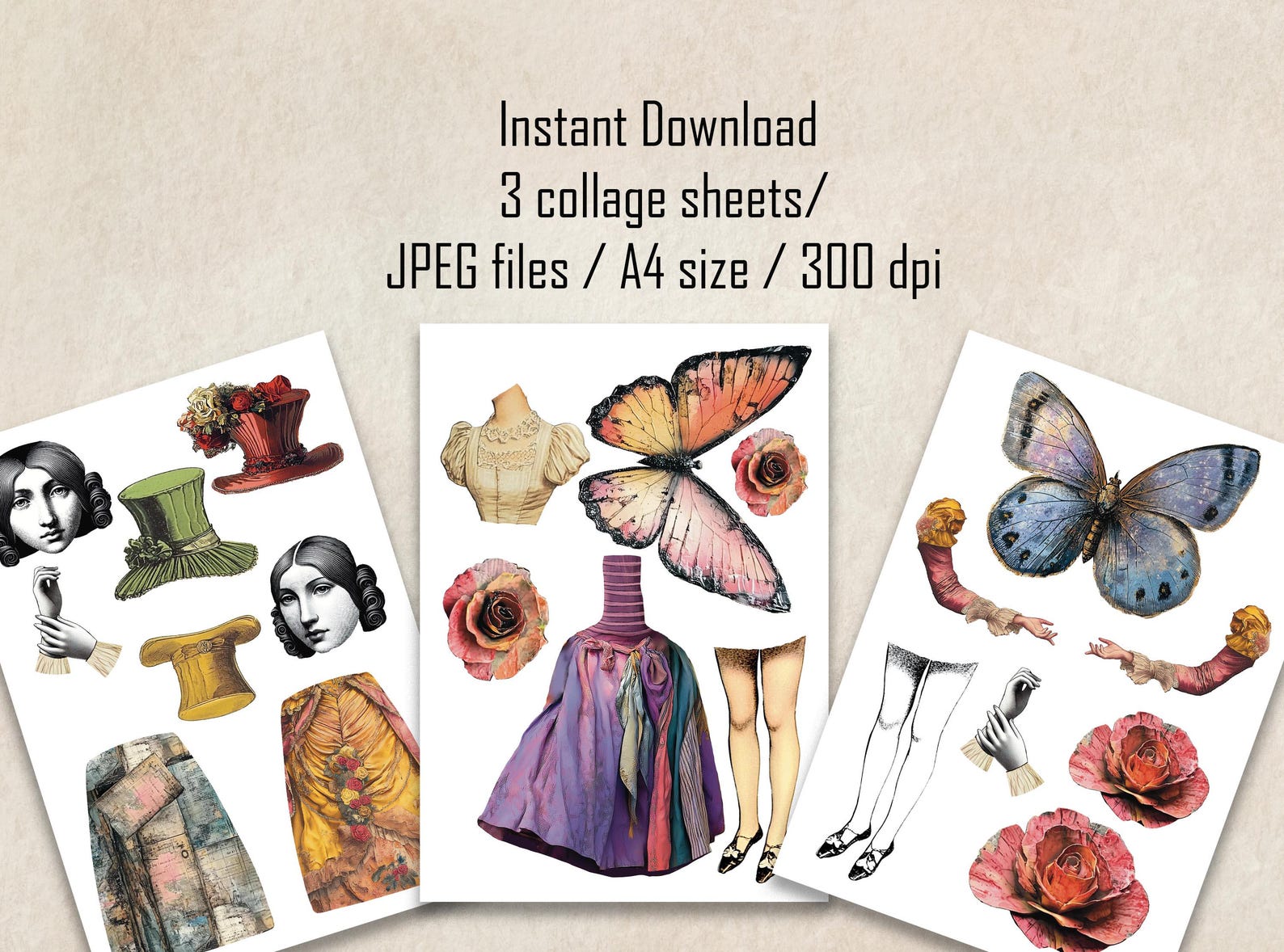 WHIMSICAL BUTTERFLY Paper Doll Collage Sheet, Articulated Paper Doll ...