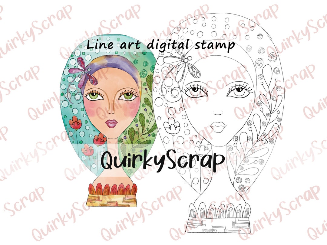 Digital Stamp Whimsical Girl Face Card Making Doodle Line Art Doodles 3795
