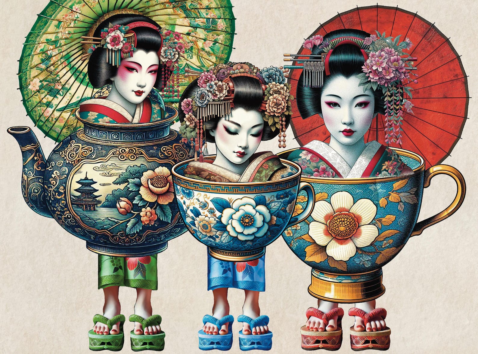 JAPANESE TEA TIME Geisha Paper Dolls, Asian Tea Ceremony Collage Sheets ...
