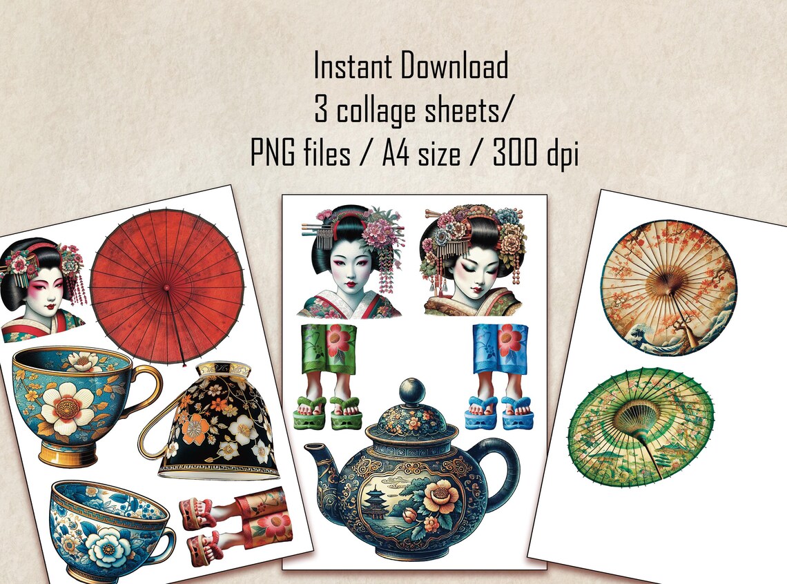 JAPANESE TEA TIME Geisha Paper Dolls, Asian Tea Ceremony Collage Sheets ...