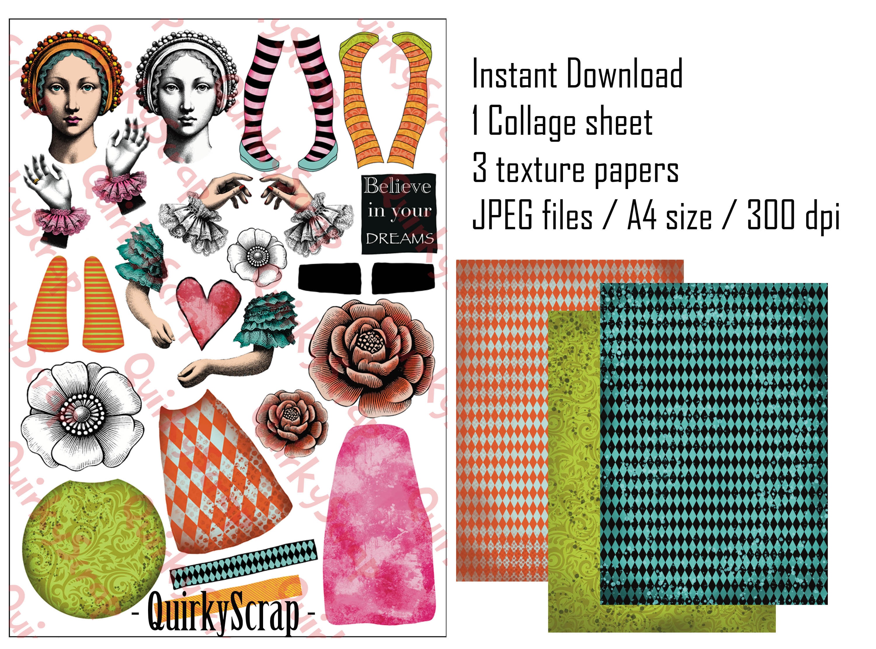 Whimsical Paper Doll Collage Sheet, Articulated Paper Doll Digital ...