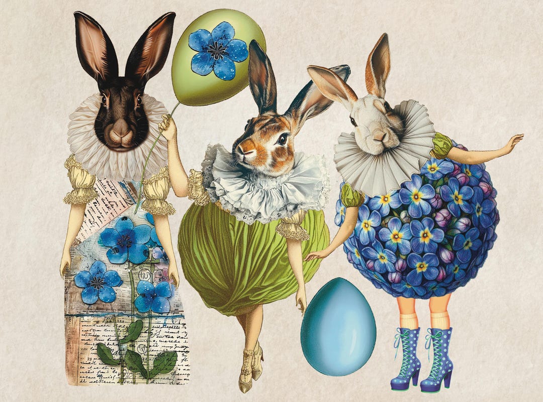 Easter Rabbit Paper Dolls Collage Sheets, Whimsical Bunny Articulated ...