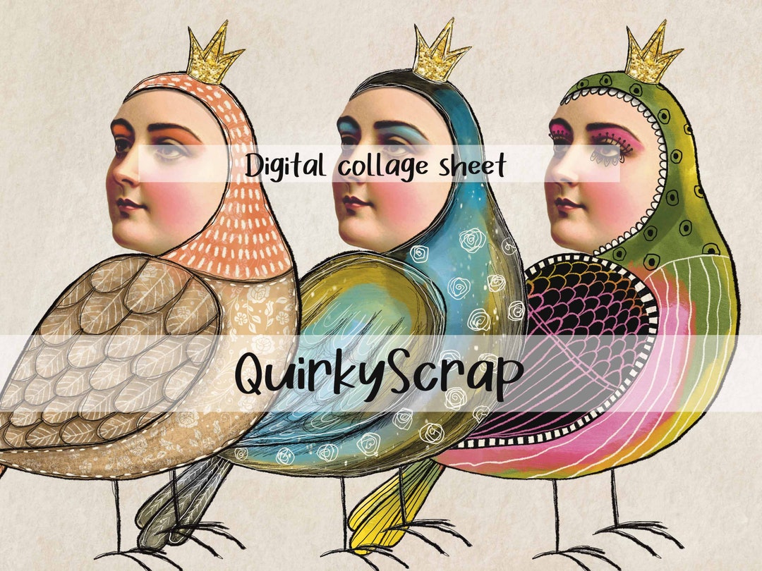 Quirky Birds Junk Journal Vintage Ephemera Kit, Whimsical Bird Scrap ...
