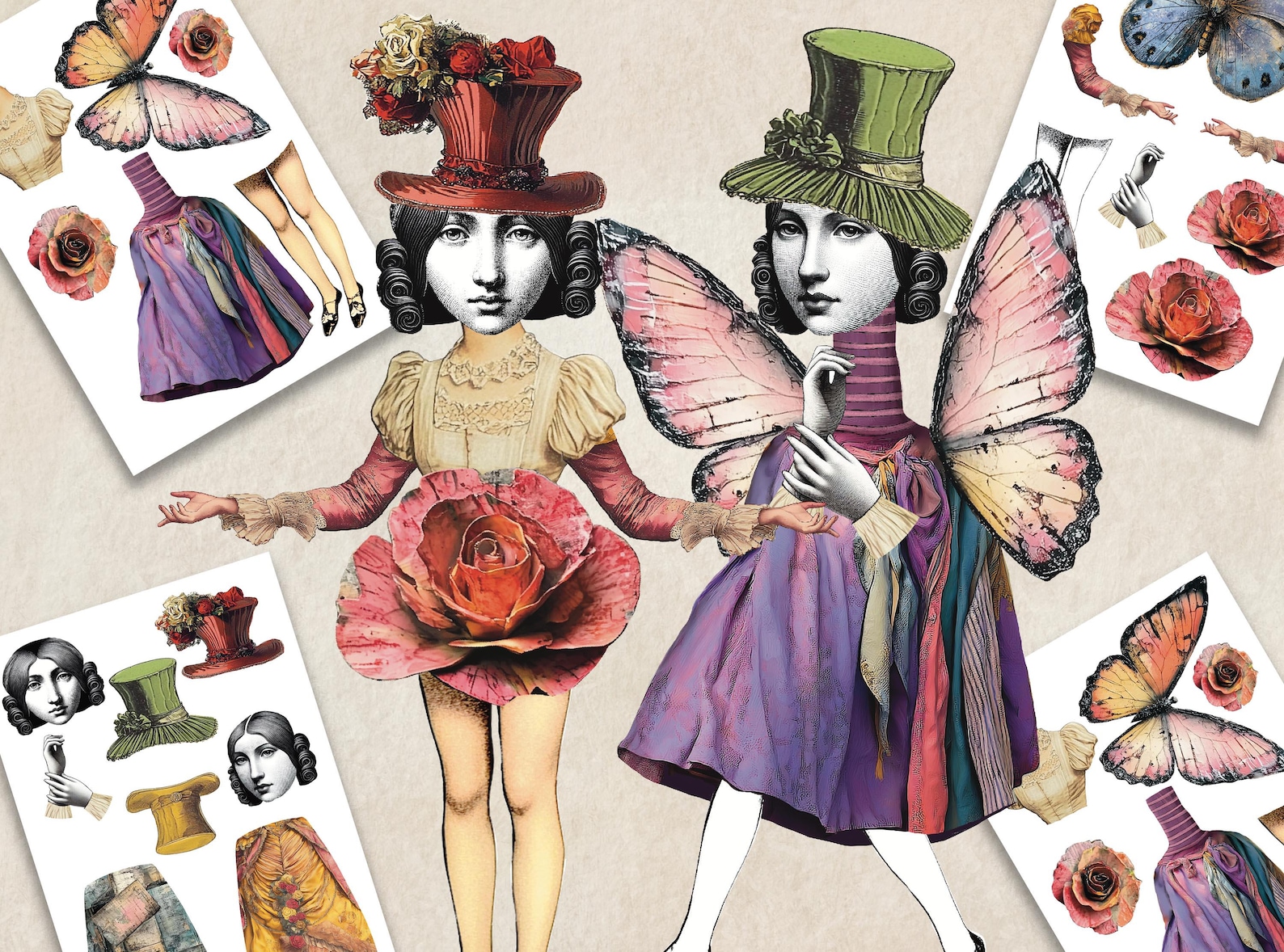 WHIMSICAL BUTTERFLY Paper Doll Collage Sheet, Articulated Paper Doll ...