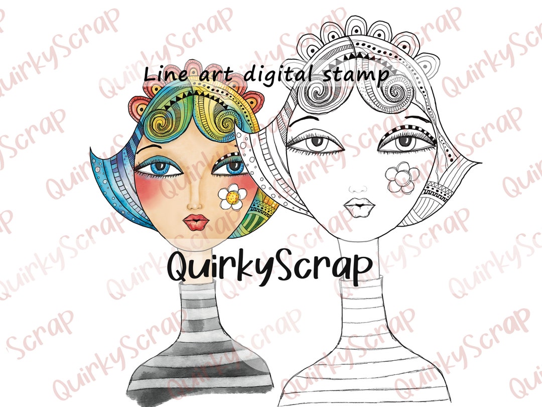 Digital Stamp Whimsical Girl Face Card Making Doodle Line Art Doodles 8561