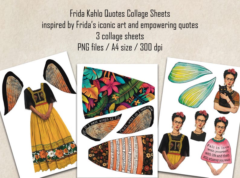Frida's Quotes Paper Doll Collage Sheet Articulated Mexican Art Doll ...