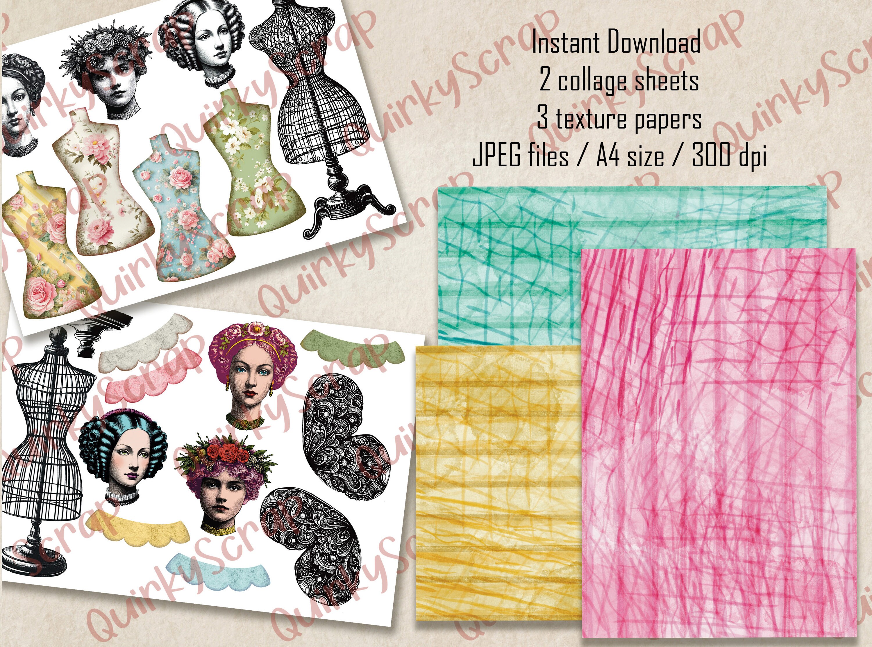 Shabby Chic Dress Form Collage Sheet, Art Journal Whimsical Girl ...