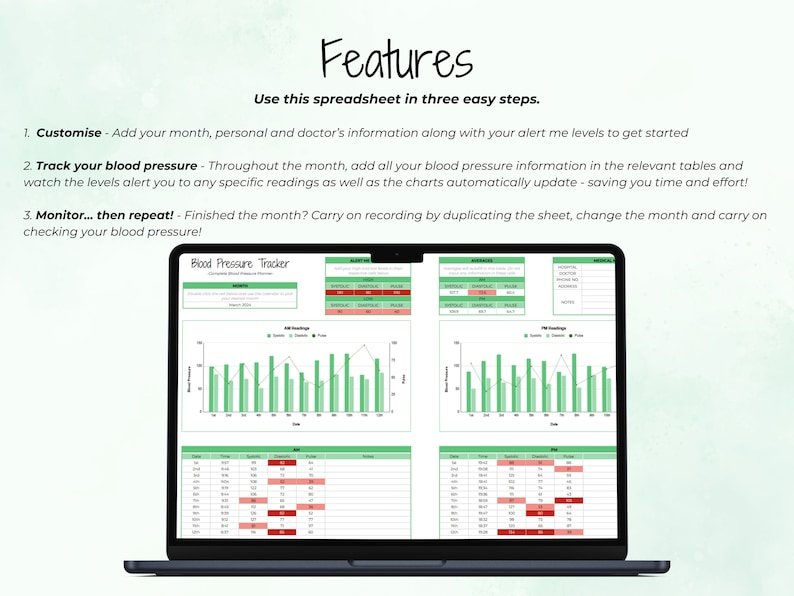 Editable Blood Pressure Tracker Spreadsheet | Blood Pressure and Pulse ...