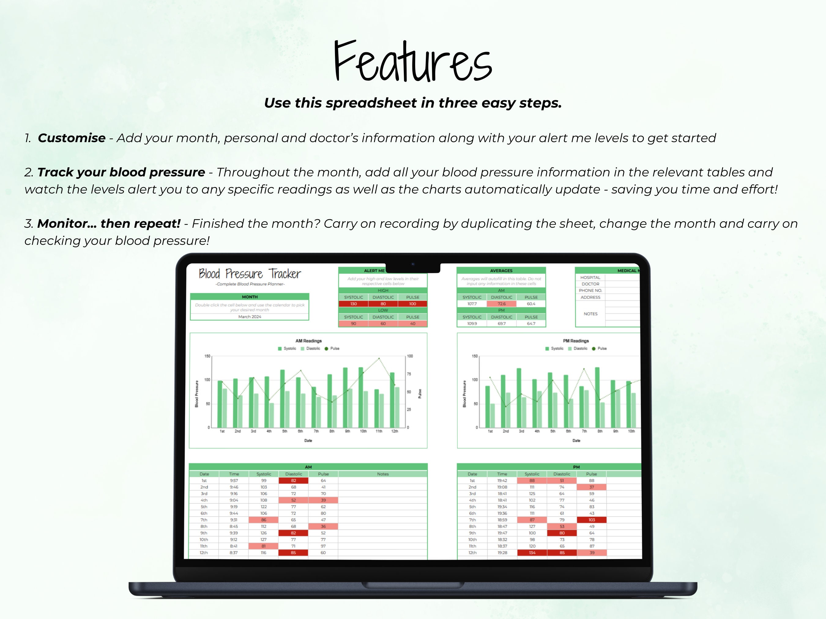 Editable Blood Pressure Tracker Spreadsheet | Blood Pressure and Pulse ...